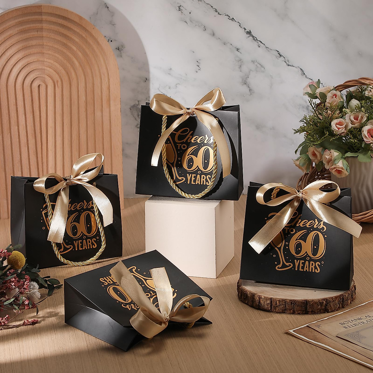 Clysee 25 Pcs Birthday Gift Bags with Handles Black and Gold Party Favor Bags Bulk for Birthday Wedding Anniversary Supplies Decorations, 5.51 x 2.36 x 4.72 Inches(Cheers to 60)