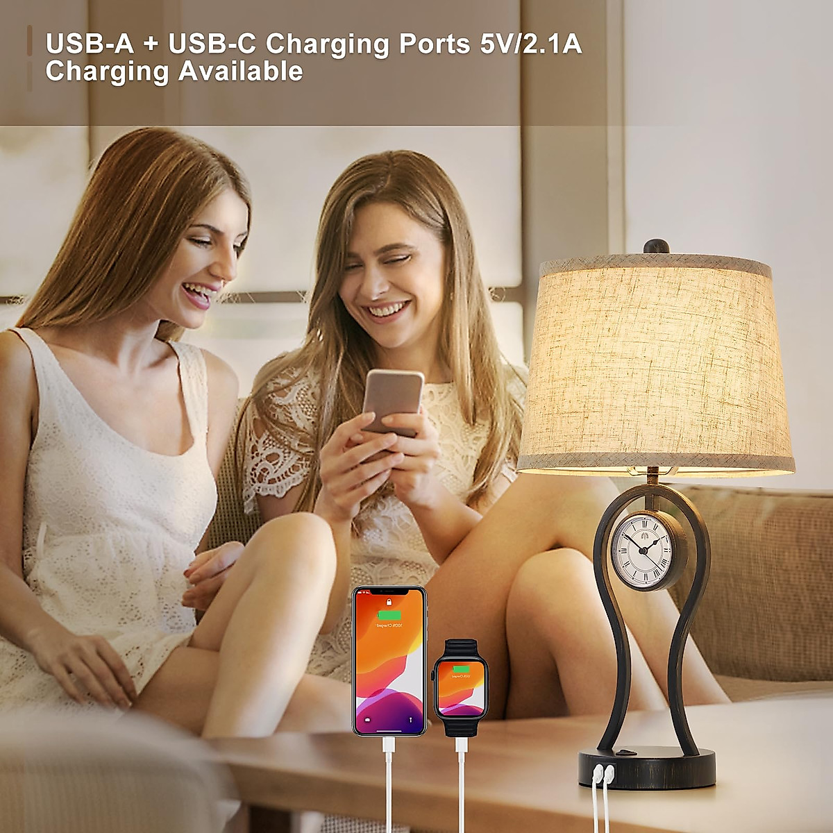 Luvkczc Vintage Clock Lamp, Black Metal with USB Charging Ports, LED Bulbs Included, 3-Year Warranty