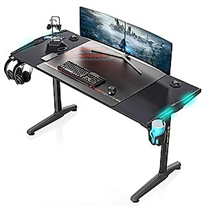 Eureka Ergonomic 55 Inch RGB LED Gaming Desk with Lights Up, PC Computer Studio Gamer Table I Shaped Home Office Workstation, w Free Mouse Pad,USB Ports Controller Stand Cup Headset Holder Black