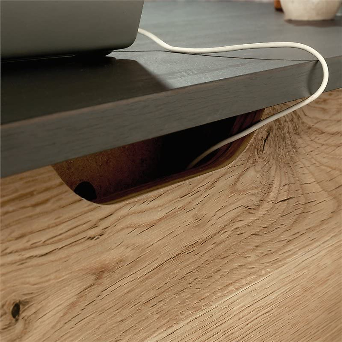 Sauder Acadia Way Single Pedestal Desk in Raven Oak with Timber Oak Accents