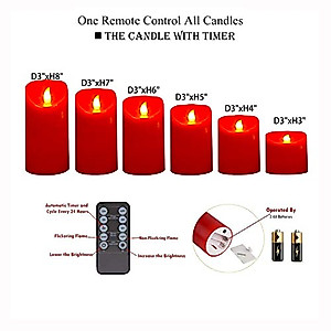 Urchoice Red Flameless Candles Battery Operated Pillar Real Wax Realistic Flickering Electric LED Candle(D 3" x H 3" 4" 5" 6" 7" 8") Set of 6, with 10-Key Remote and Cycling 24 Hours Timer