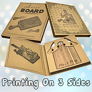 Mr & Mrs Wedding Gift Small Acacia Wood cheese board For charcuterie. Laser Engraved Present In a book like box for newlywed couples. Stainless Steel Utensils.(round)