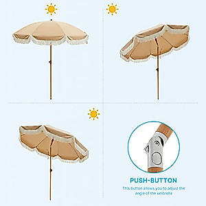 Kbrellaoutlets 7ft Patio Umbrella, UV 50+ Protection, Beach Umbrellas for Sand with Fringe, Wood Grain Aluminum Pole, 8 Ribs, Push Button Tilt, Garden Pool, Brown