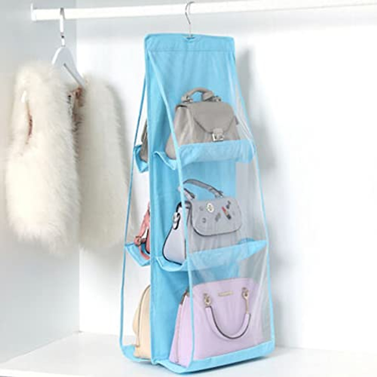 Hanging Bag 3 Layers with Hanging Hook High Capacity Transparent Collapsible 6 Pockets Dust Proof Handbag Storage Bag Household