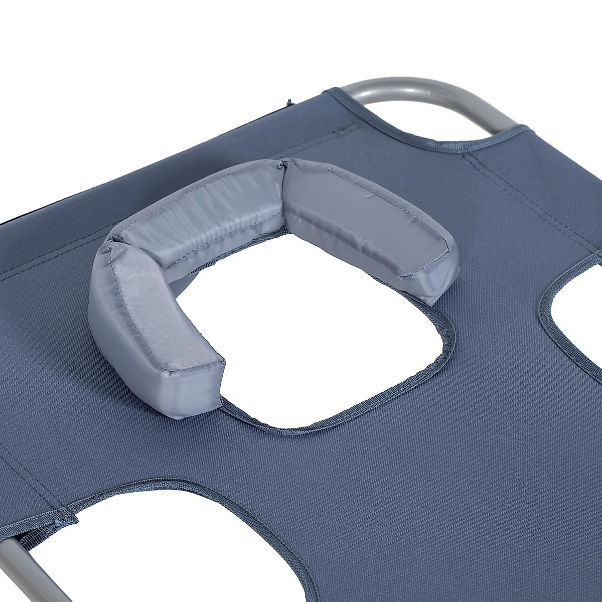 Outsunny Folding Beach Lounge Chair with Face Hole and Arm Slots, 5-Level Adjustable Sun Lounger Tanning Chair with Pillow for Patio, Garden, Beach, Pool, Gray