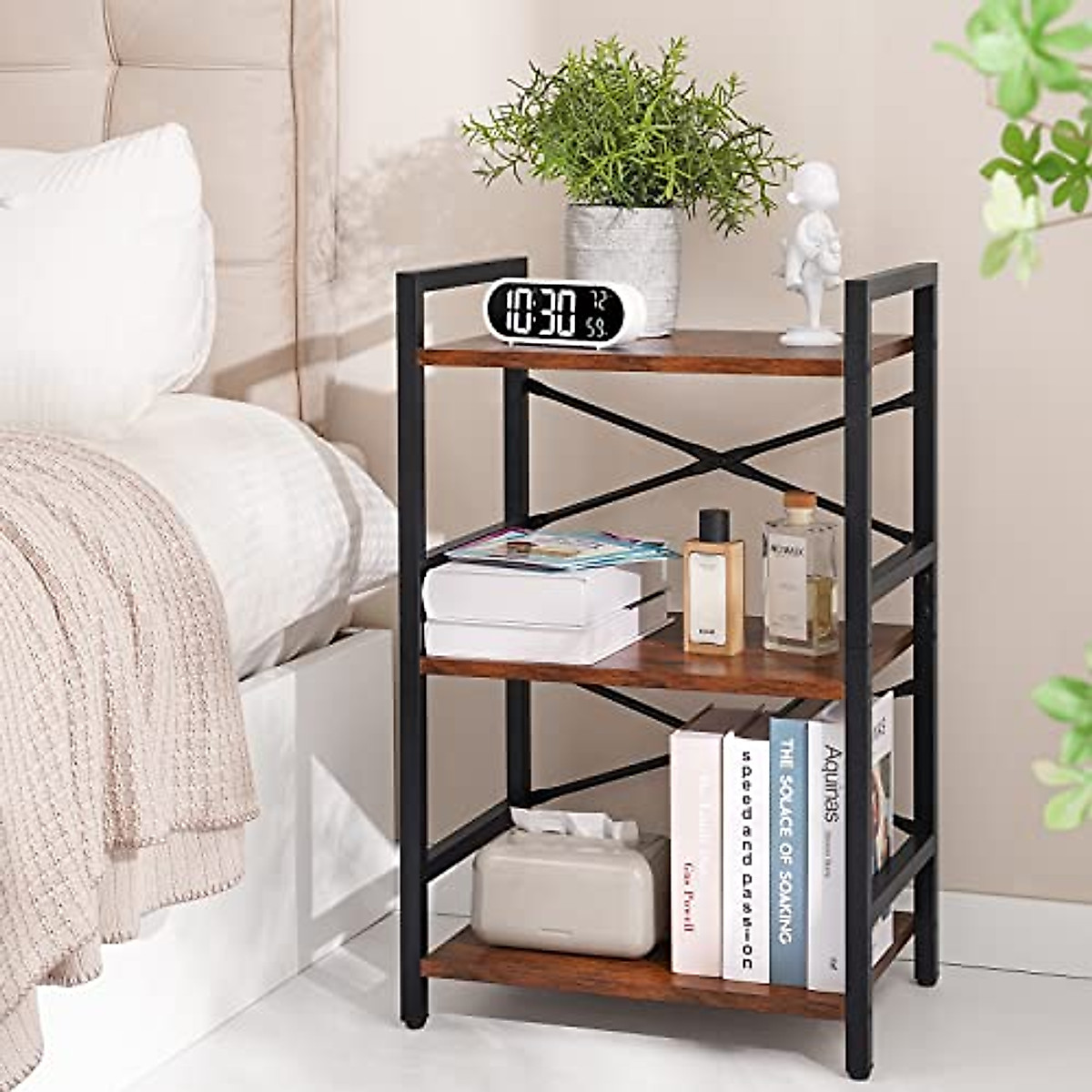 Yoobure Bookshelf Small Book Shelf, Solid Industrial 3 Tier Shelf Bookcase, Short Book Case for Bedroom, Living Room, Office Home, Small Spaces, Easy Assembly Berry Brown