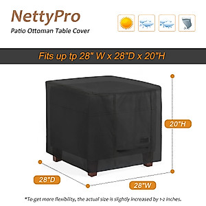 NettyPro Outdoor Patio Ottoman Cover, Waterproof Square Side Table Cover, 28L x 28W x 20H inch, Black
