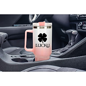 100 North Lucky 4 Leaf Clover Irish St. Patrick's Shamrock Wrap-Around 40 Oz. Stainless Steel Water Bottle Coffee Mug, Spill & Leak Resistant, Travel Tumbler with Handle, Lid & Straw, Teal & Purple