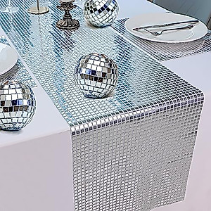 Snowkingdom 13 x 72 Inches Glitter Disco Party Table Runner Mirror Silver Table Runner Retro 70s 80s Theme Disco Ball Party Table Decorations Birthday Bachelorette Dance Party Supplies