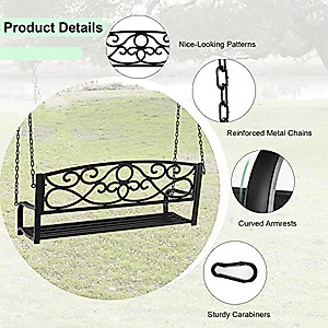 Giantex Metal Porch Swings 2 Person Outdoor Hanging Garden Bench with Sturdy Chains, Wide Seat & Curved Armrests, 485 Lbs Weight Capacity Swing Loveseat for Deck, Backyard Patio Swing Chair (Black)