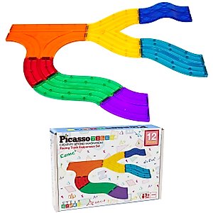 PicassoTiles 12 Piece Race Track Add-On Magnetic Building Block Set Magnet Tiles Construction Toy STEM Learning Kit Early Education Kids Toys Playset Pretend Play Blocks Child Brain Development PTR12