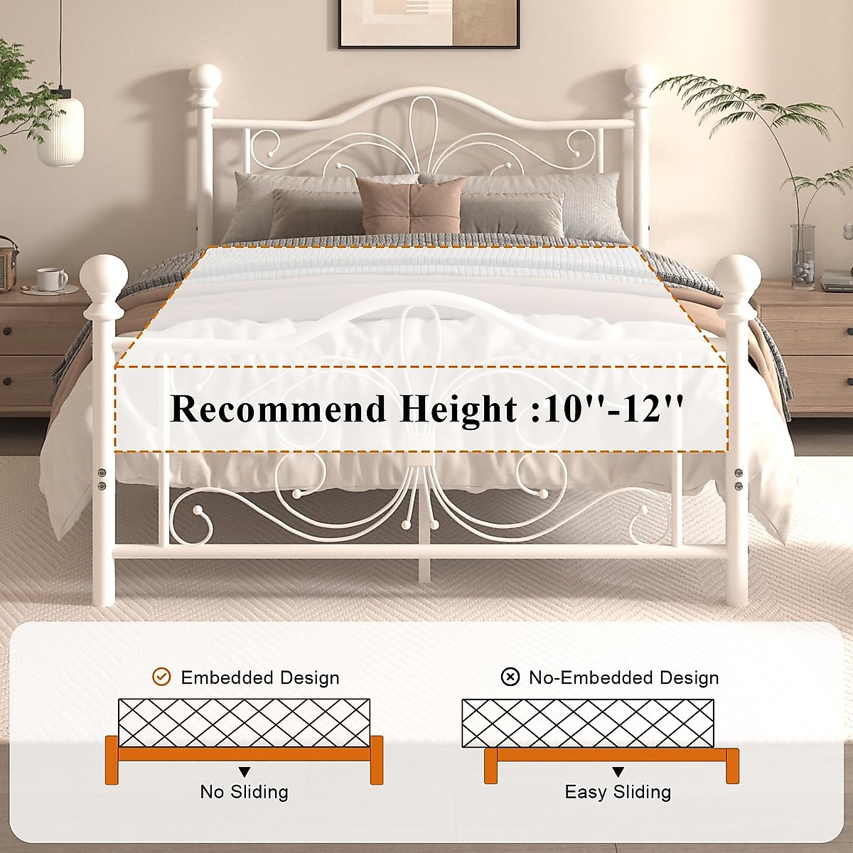 LoVinson Full Size Bed Frame，Metal Platform Bed Frame with Headboard, Butterfly Pattern Design Headboard & Footboard, Strong Metal Slat Support, Easy Assemble, No Box Spring Needed, Noise Free, White