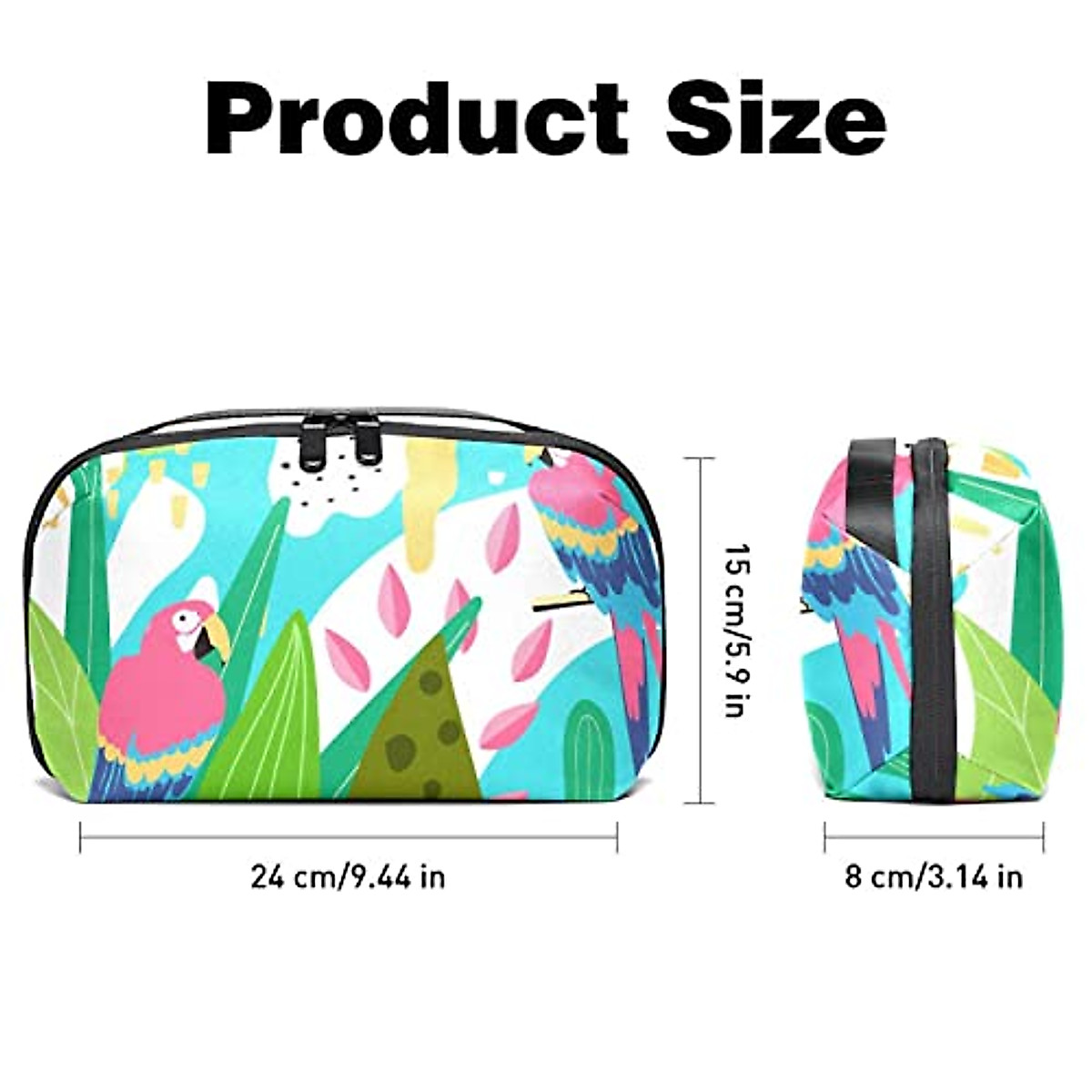 Travel Cord Organizer, Tech Organizer, Electronics Organizer, Cable Organizer Bag, Modern Cartoon Tropical Plant Parrot