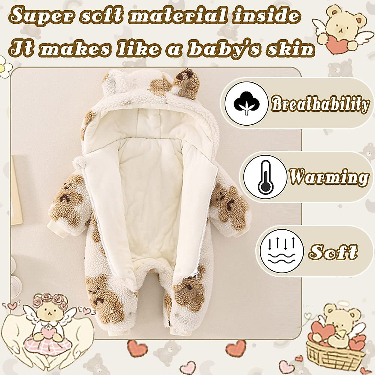 UVIPC Newborn Baby Bear Onesie Baby Fleece Snowsuit Jumpsuit Hooded Footie Thick Winter Outwear for Infant Boys Girls