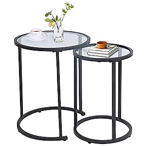 RiteSune Round Glass Black Nesting Side End Accent Tables Set of 2, Small Stacking Coffee Table for Small Space Living Room, Bedroom, Christmas, New Year (Black)
