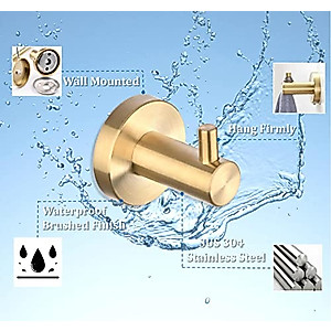 SHUNLI 2 Pack Bathroom Hooks Wall Hook, Brushed Gold Towel Hooks Bath Coat Robe Hanger Holder, SUS304 Stainless Steel Heavy Duty Wall Mounted Hook