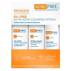 Acne Free 3 Step 24 Hour Acne Treatment Kit - Clearing System W Oil Free Acne Cleanser, Witch Hazel Toner, & Oil Free Acne Lotion - Acne Solution W/ Benzoyl Peroxide for Teens and Adults - Original