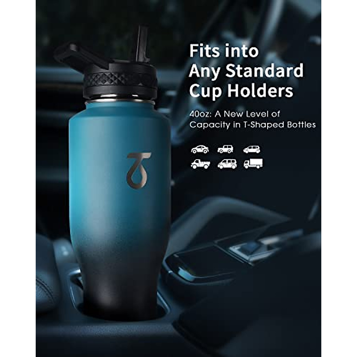 Trebo 40oz Water Bottle Insulated with Lid and Straw,Double Wall Vacuum Stainless Steel Metal Tumbler Flask Fit in Any Car Cup Holder with Paracord Handle,Leakproof Keep Drink Cold & Hot,Indigo/Black