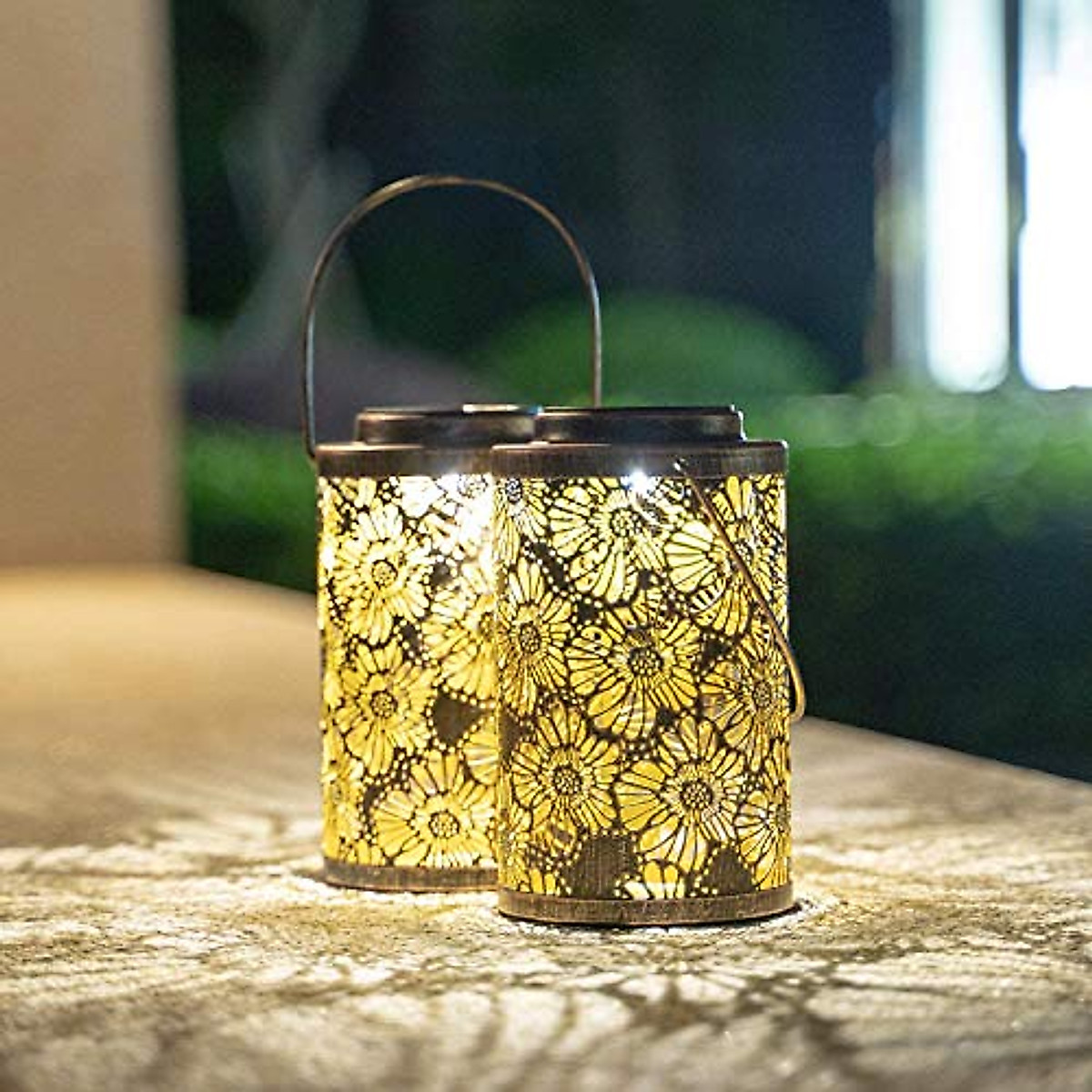 Solar Lanterns Outdoor Hanging - Garden Solar Lights Metal Outdoor Lantern 2 Pack Decorative Garden Table Lights Solar Powered SUNWIND 2 Pack for Porch, Patio, Home (Flower)