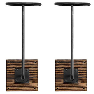 MyGift Set of 2 Wall Mounted Helmet Rack, Black Metal and Rustic Burnt Wood Base Motorcycle, Bicycle, Skateboard Helmet Display Holder and Jacket/Coat Hanger