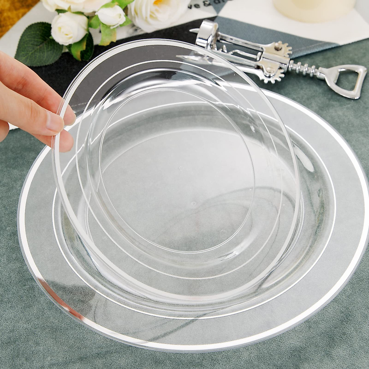 I00000 96 Pieces Clear Silver Plastic Plates, Clear Disposable Plates with Silver Rim Heavy Duty Fancy Wedding Party Plates Include 48 Dinner Plates 10.25" and 48 Dessert Appetizer Plates 7.5"