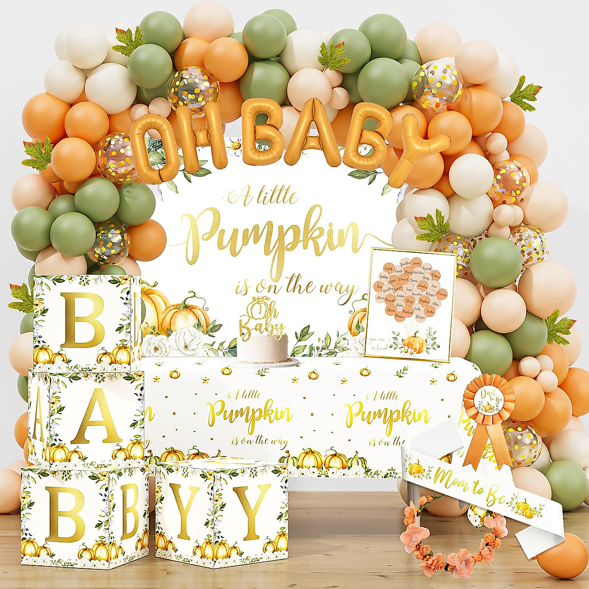Little Pumpkin Baby Shower Decorations Party Supplies for Boy or Girl, Rustic Fall Autumn Baby Shower Decor, A Little Pumpkin is on The Way Backdrop Balloon Arch Baby Box Mom to Be Sash Dad to Be Pin