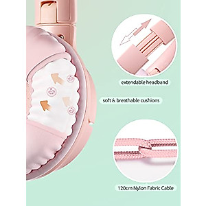 Calhuber Kids Headphones, K12 Foldable Children with Tangle-Free 3.5mm Jack Cord, Over-Ear Wired Headset for Children/Teens/Girls/Smartphones/School/Kindle/Airplane Travel/Plane/Tablet (Pink)