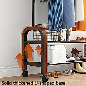 Mixfom Metal Garment Rail with Wheel, 6 Side Hooks and 4 Hanging Rail, Clothes Garment Coat Rack with 1-Tier Shelf, for Hanging Clothes, Coats, Skirts, Shirts, Sweaters