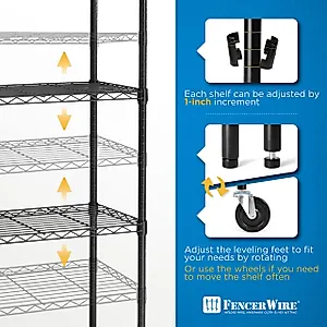 Fencer Wire 4-Tier Commercial Grade Heavy Duty Adjustable Height Wire Shelving w/Casters & Leveling Feet, Garage Shelving Storage Organizer, Storage Metal Steel Shelf, Utility Storage Shelf, Black..