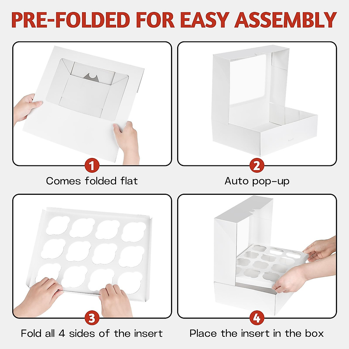 ZORRITA 12 Count Cupcake Boxes, 4 Pack Auto-Popup White Cupcake Containers with Window and Inserts Cupcake Carrier with Holders to Fit Dozen Cupcakes and Muffins