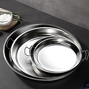 Steamed Rice Tray Cold Noodle Making Plate Stainless Steel Pan Restaurant Tray Cake Dish Kitchen Serving Tray With Double Handle Tableware(28cm)