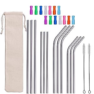 12-Pack Reusable 18/10 Stainless Steel Metal Straws with Silicone Tips & Cleaning Brush, Suotarn Long Drinking Straws for 20 24 30 oz Coffee Tumbler Travel Mug Cup, Dishwasher Safe, Silver