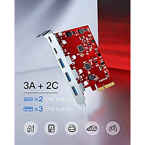 Inateck PCIe to USB 3.2 Gen 2 Card with 20 Gbps Bandwidth, 3 USB Type-A and 2 USB Type-C Ports, RedComets U21