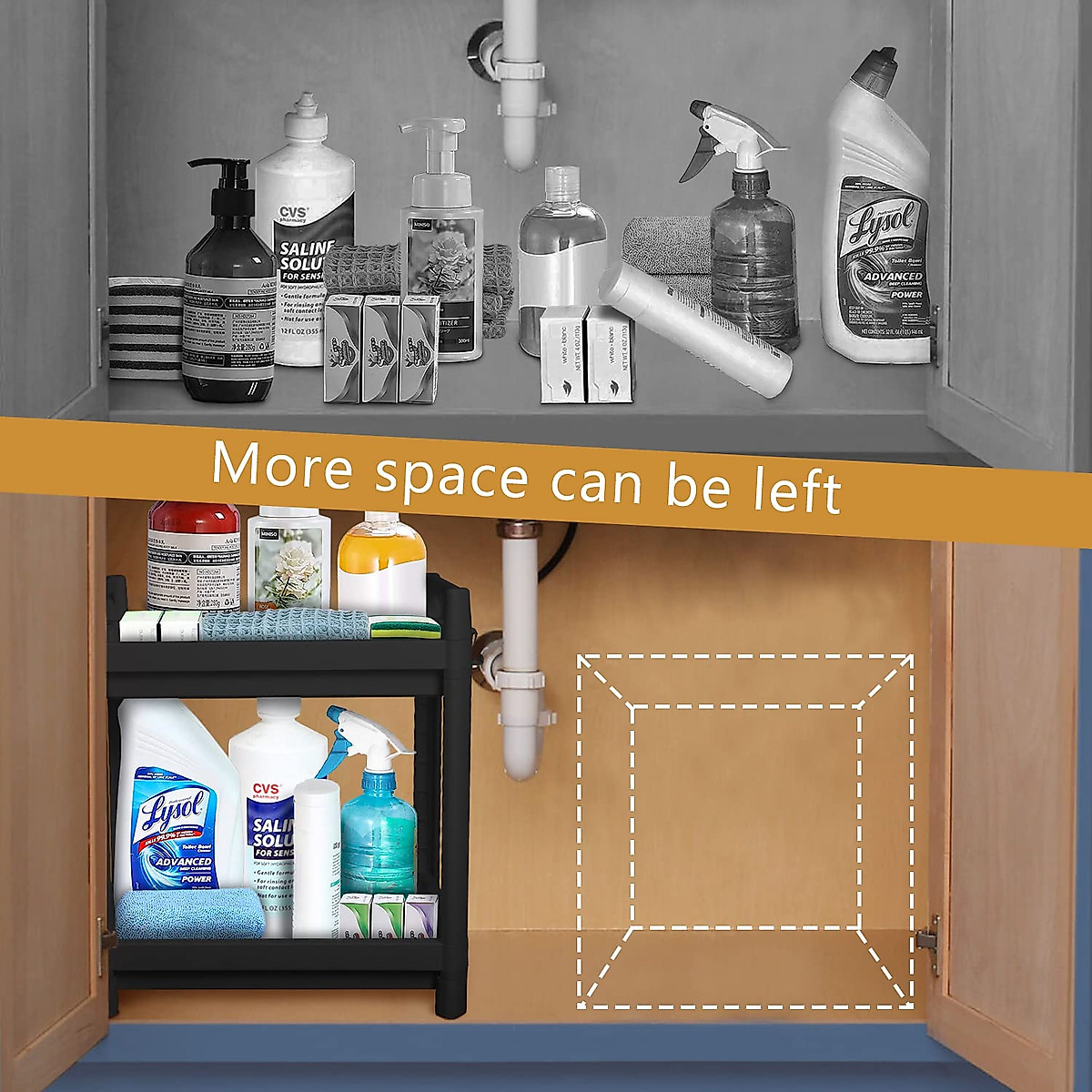 Multipurpose Under Sink Storage Rack for Closet Cabinet,Under Bathroom Kitchen Sink Organizer,2 Tier Countertop Collection Baskets Shelf with Hooks for Home Office (Black)