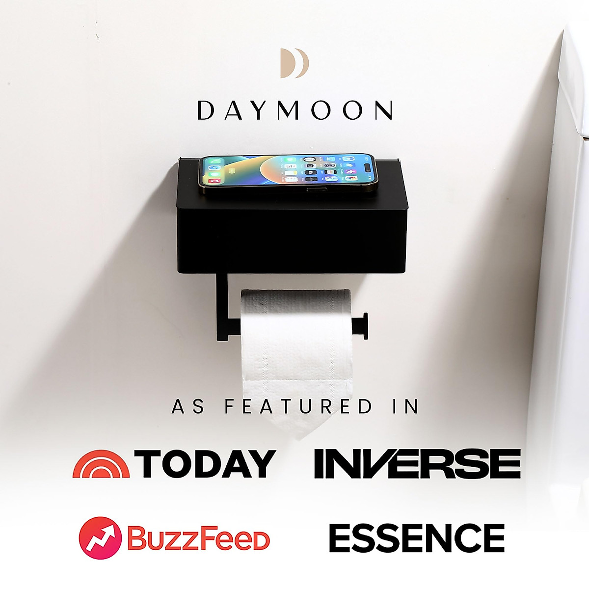 Day Moon™ Matte Black Toilet Paper Holder with Shelf, Wipe Holder for Bathroom Flushable Wipes Dispenser Toilet Paper and Wipes Holder Toilet Paper Holder with Storage, Toilet Paper Holder Wall Mount