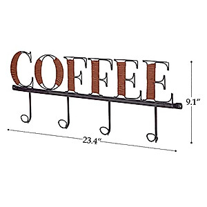 NIKKY HOME Coffee Mug Wall Rack, Metal Coffee Cup Holder Wall Mounted with 4 Hooks and Rustic Leather Mug Holder Coffee Word Sign and Cutout Design