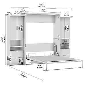Bestar Lumina Murphy Bed with Desk and 2 Storage Cabinets in White, Sleeping Arrangement with Drawers, Queen