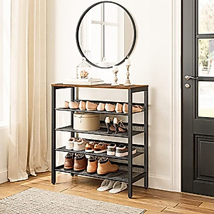 HOOBRO Shoe Rack, 5-Tier Shoe Storage Unit Flat & Slant Adjustable Shoe Organizer Shelf for 16 Pairs, Durable and Stable, for Entryway, Hallway, Closet, Dorm Room, Industrial, Rustic Brown BF01XJ01
