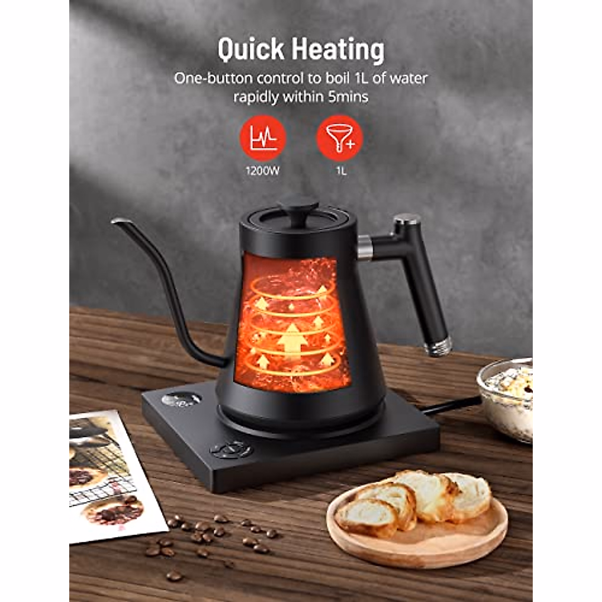 Paris Rhône Gooseneck Electric Pour-Over Kettle, Temperature Variable Kettle for Coffee Tea Brewing, 1L Stainless Steel Kettle, Temperature Holding, Built-in Stopwatch, Button Control, Black