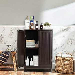 Elegant Bathroom Cabinet Floor Storage Organized Cupboards Wood Home Furniture Double Doors with Shelves Space-Saving for Living Room, Bedroom, Kitchen, Toilet Brown