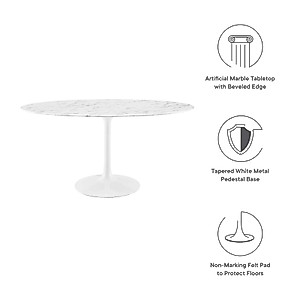 Modway Lippa 60" Oval-Shaped Mid-Century Modern Dining Table with Artificial Marble Top and White Base