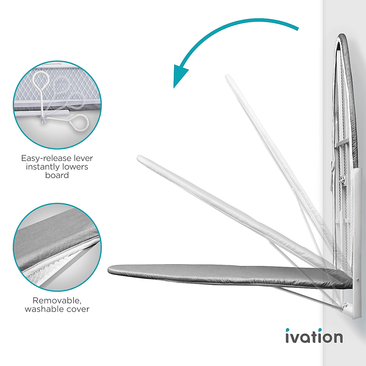 Ivation Wall-Mounted Ironing Board | Foldable 36.2” x 12.2” Ironing Station for Home, Apartment & Small Spaces | Sturdy Folding Board, Easy-Release Lever, Removable Cotton Cover & Mounting Hardware