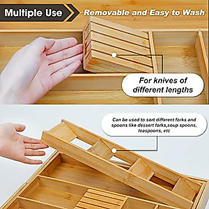 Ozera Bamboo Silverware Organizer, Expandable Utensil Organizer and Cutlery Organizer in Drawer, Flatware Kitchen Drawer Organizer Silverware Tray with Knife Block for Kitchen(7-10 Slots)