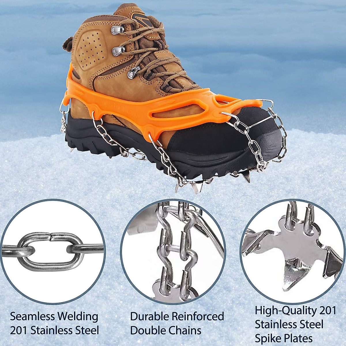 NewDoar Ice Cleats Crampons Traction,19 Spikes Stainless Steel Anti Slip Ice Snow Grips for Women, Kids, Men Shoes Boots, Safe Protect for Mountaineering, Climbing, Hiking, Walking, Fishing,(Orange,M)