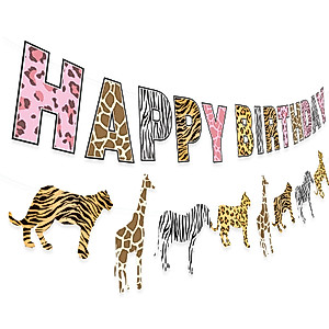 Safari Birthday Decorations Jungle Theme Party Supplies for Girl - Pink Cheetah Happy Birthday Banner, Animal Print Garland, Jungle Safari Animal Leopard Party Sign