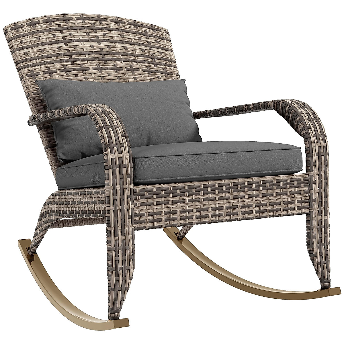 Outsunny Outdoor Wicker Adirondack Rocking Chair, Patio Rattan Rocker Chair with High Back, Seat Cushion, and Pillow for Garden, Porch, Balcony, Gray