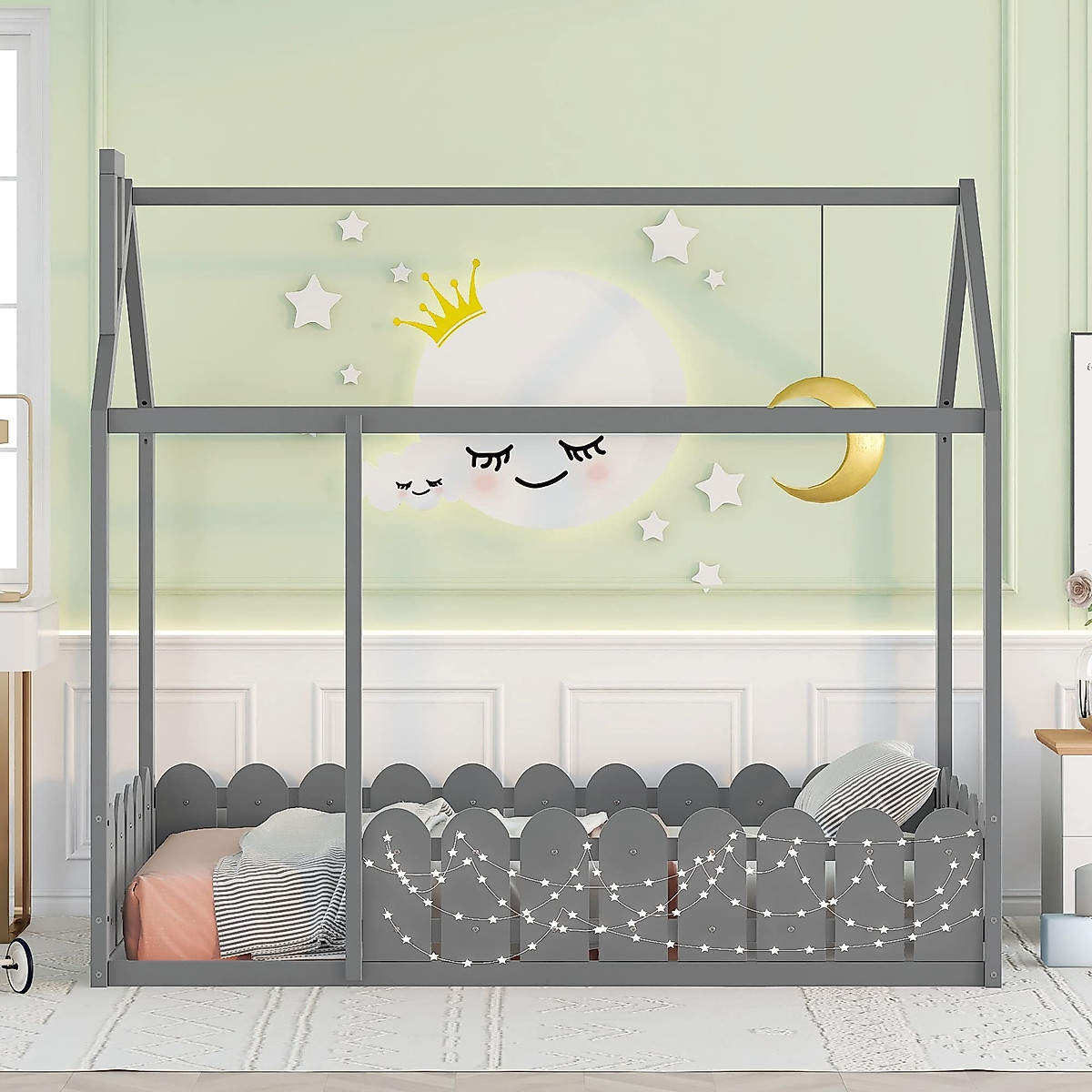 Harper & Bright Designs Twin House Bed Frame for Kids, Wood Twin Montessori Bed with Fence-Shaped Guardrails, Toddler Floor Bed Frames for Girls, Boys,Grey