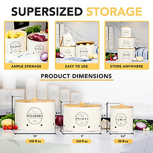 Kito LIVING Canister Sets For Kitchen Counter, 3 Piece Garlic Potato Onion Keeper Kitchen Canisters for Pantry Organization and Storage Bins with Wooden Bamboo Lids, Kitchen Organization (Cream)