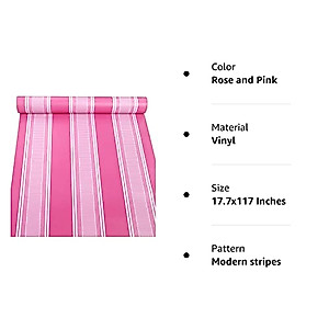 PoetryHome Self Adhesive Vinyl Rose and Pink Stripe Peel and Stick Wallpaper Shelf Liner for Walls Nursery Girls Bedroom Cabinets Dresser Drawer Furniture Decal Removable Waterproof 17.7x117 Inches