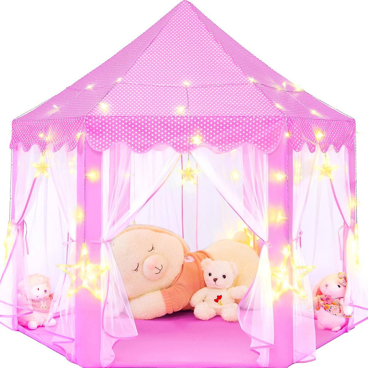 KIXINWA Pink Princess Tent for Girls, Kids Play Tent with LED Large Star Lights, Castle Playhouse Tent for Children Toddlers Indoor Outdoor Games, 55×53 Inches